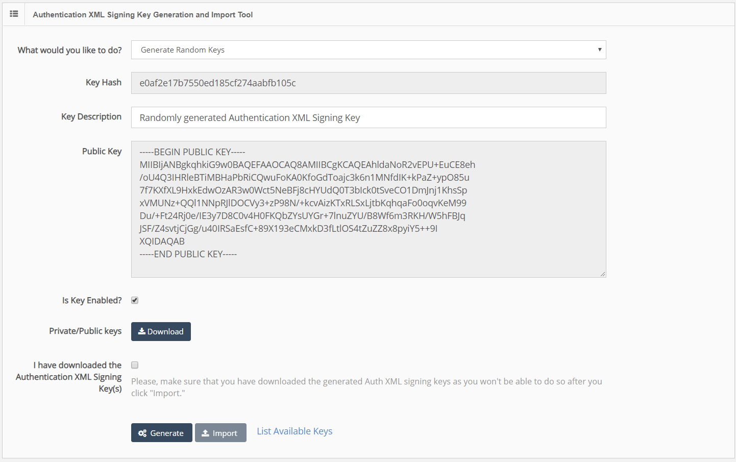 Generating and Importing Authentication XML Signing Keys for the KeyOS MultiKey Service